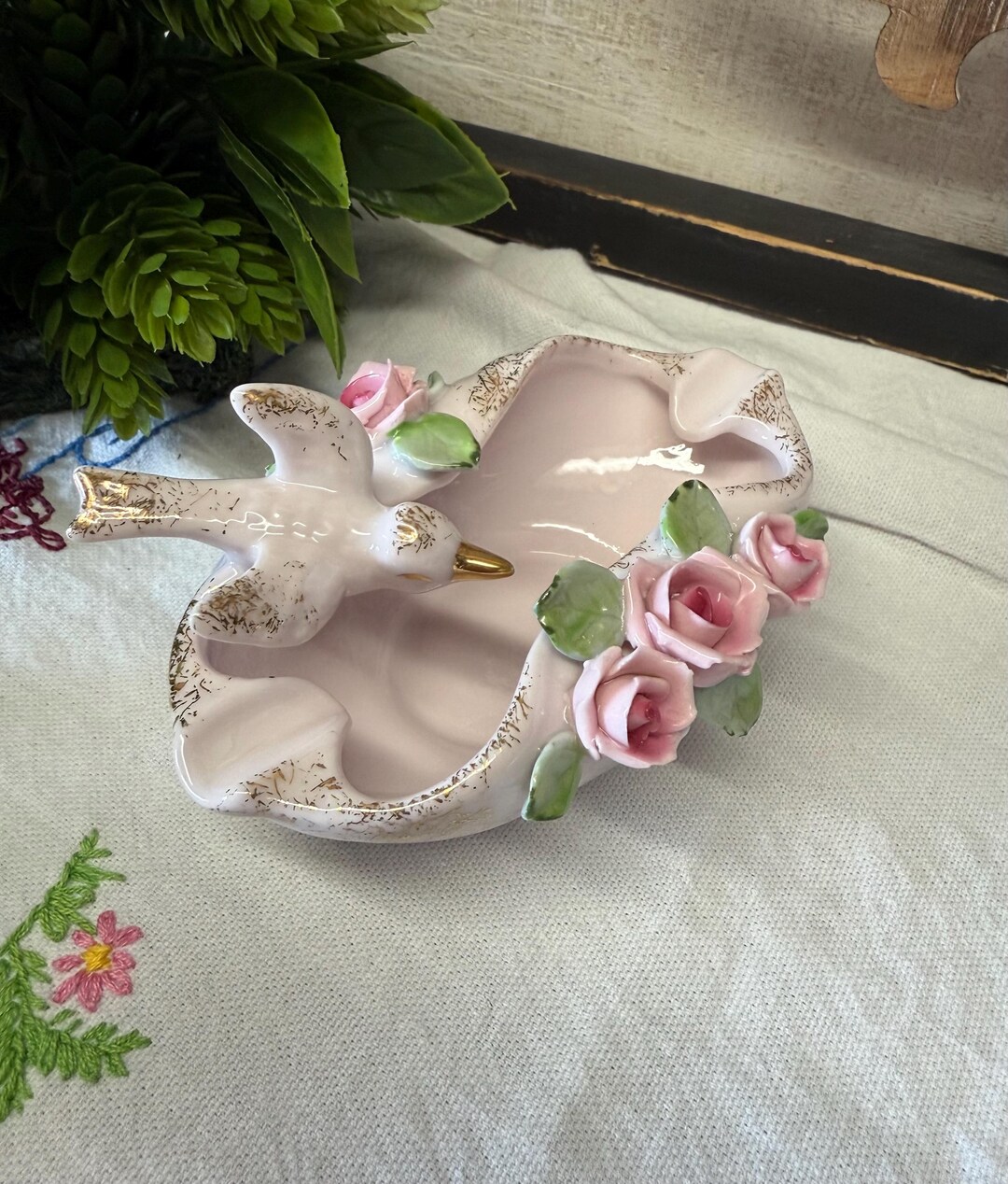 Vintage Pink Lefton China Hand Painted Pink Gold Dove and Roses Ashtray ...