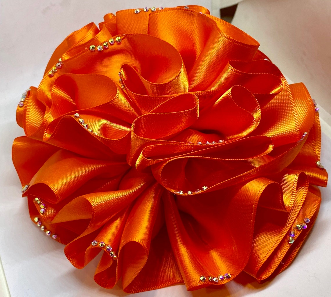 Orange Satin Ribbon Flower Pin W/rhinestones - Etsy