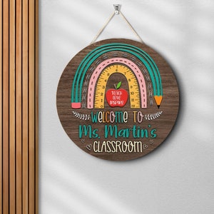 Personalized Classroom Wooden Sign, Teacher Door Sign, Rainbow ...