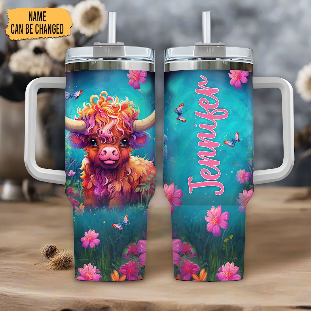 Personalized Highland Cow 40oz Tumbler With Handle And Straw Highland Cow Tumbler Ts