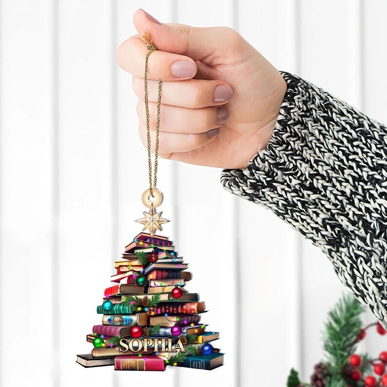 Personalized Christmas Book Tree Name Ornament, Custom Bookish Ornament ...