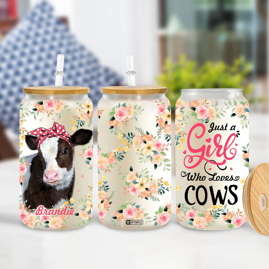 Personalized Dairy Cow Glass Cup With Lid and Straw, Cow Print Glass ...