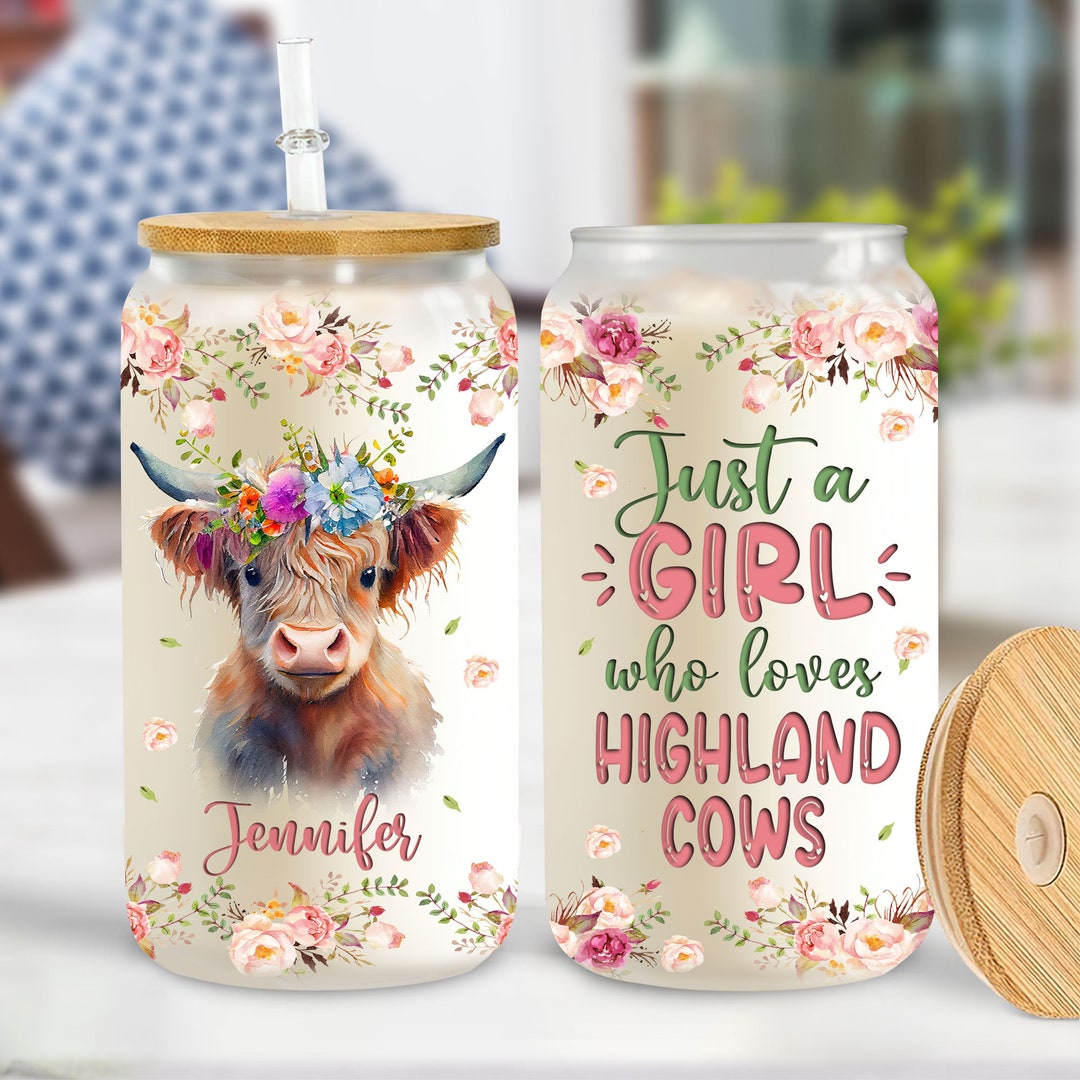 Personalized Highland Cow Glass Cup With Lid and Straw, Cow Print Glass ...