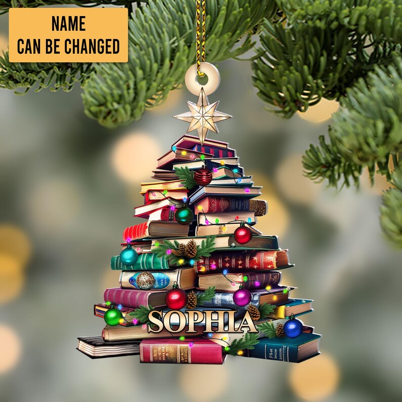 Personalized Christmas Book Tree Name Ornament, Custom Bookish Ornament ...