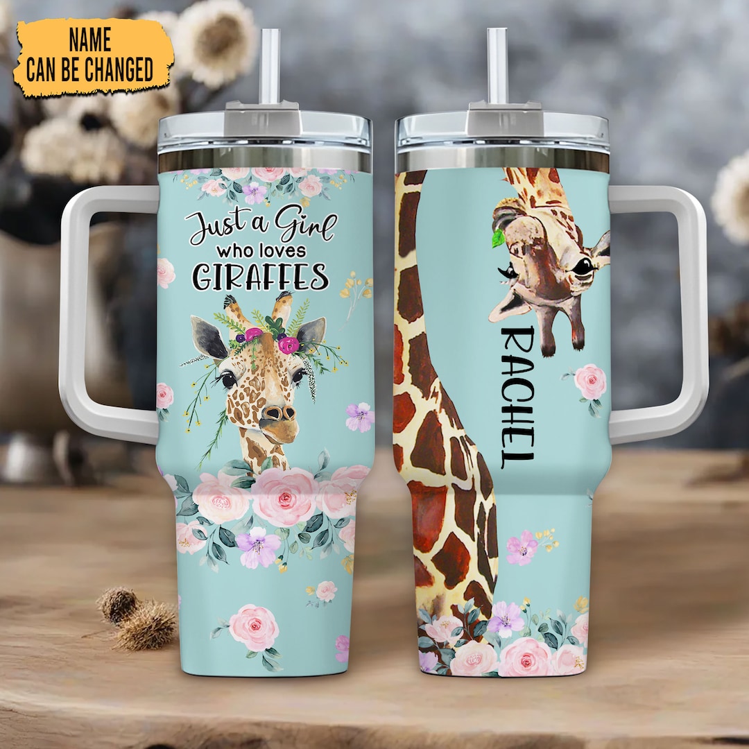 Personalized Giraffe 40oz Tumbler With Handle and Straw, Giraffe ...