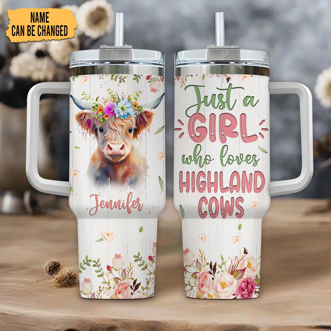 Personalized Highland Cow 40oz Tumbler With Handle and Straw, Just A ...