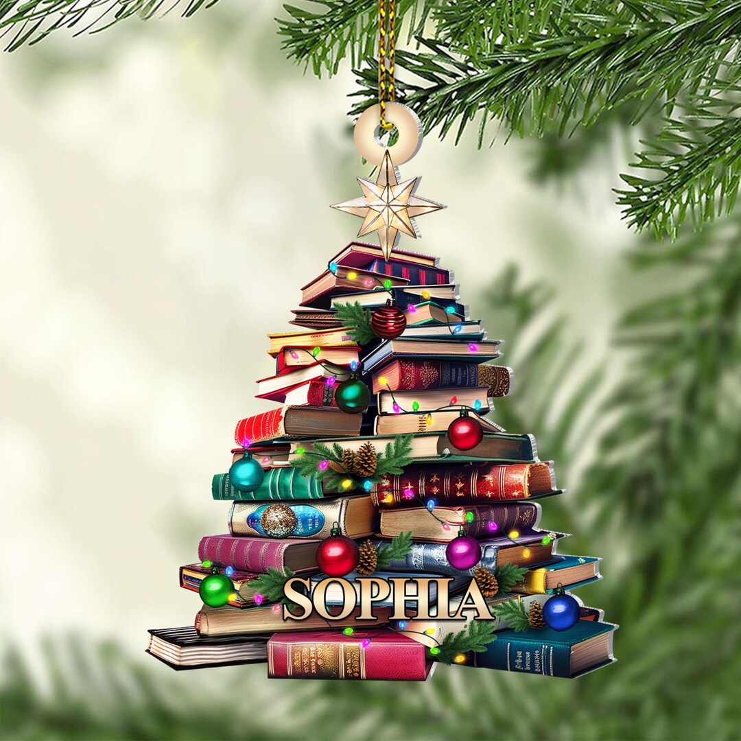 Personalized Christmas Book Tree Name Ornament, Custom Bookish Ornament ...