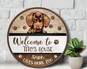 Personalized Pet Round Wooden Sign, Welcome Dog Door Hanger, Custom Dog ...