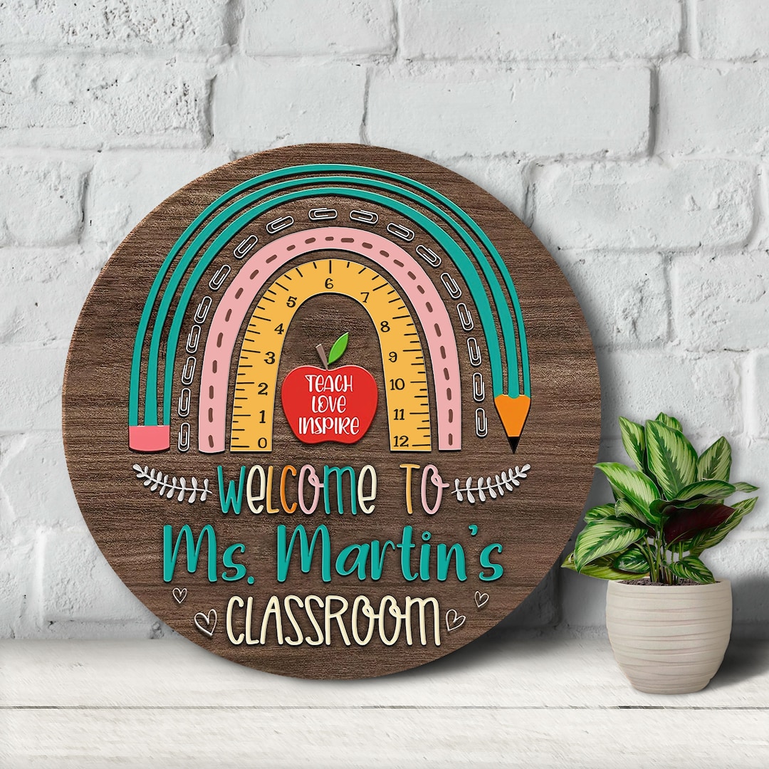 Personalized Classroom Wooden Sign, Teacher Door Sign, Rainbow ...