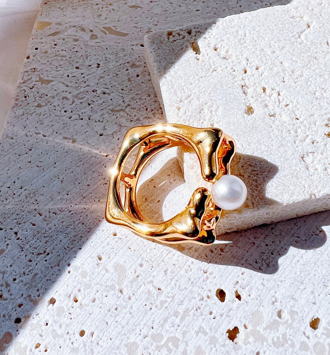 Gold Square Ring, 18K Gold Pearl Ring, Geometric Statement Ring ...