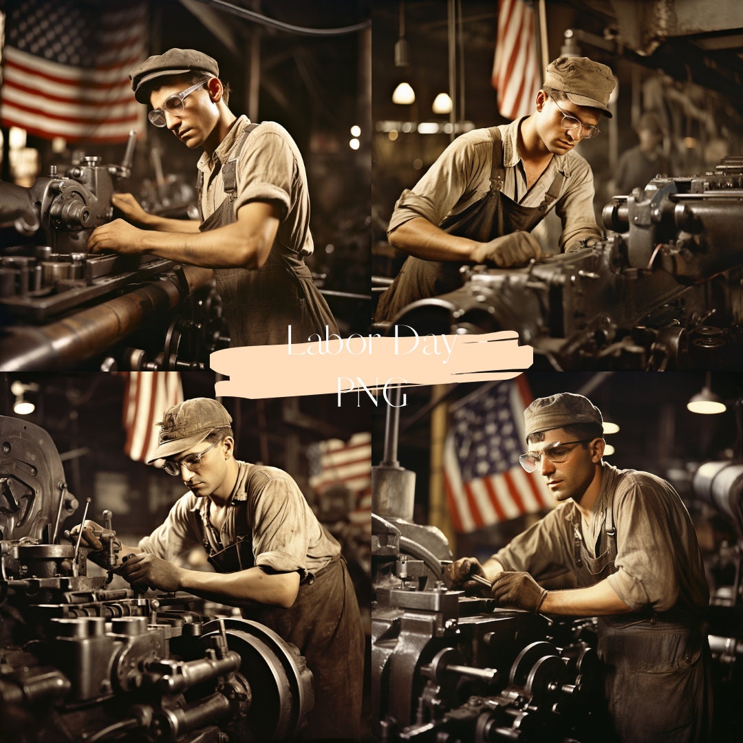 High Resolution PNG Labor Day Card - Vintage Style Assembly Line Worker ...
