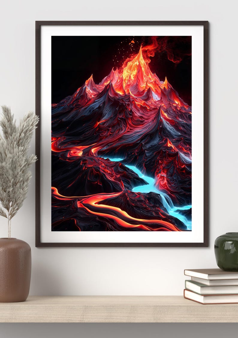 Surreal Floating Volcano Art Print, Crimson Fantasy Wall Art, Digital ...