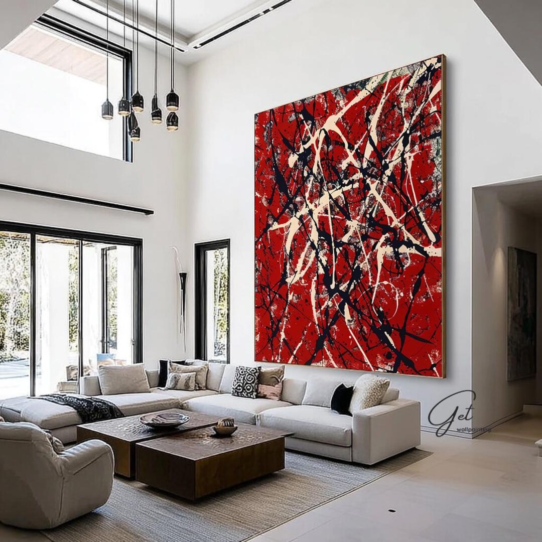 Large Red Pollock Style Abstract Art, Handmade Oil Painting - Etsy