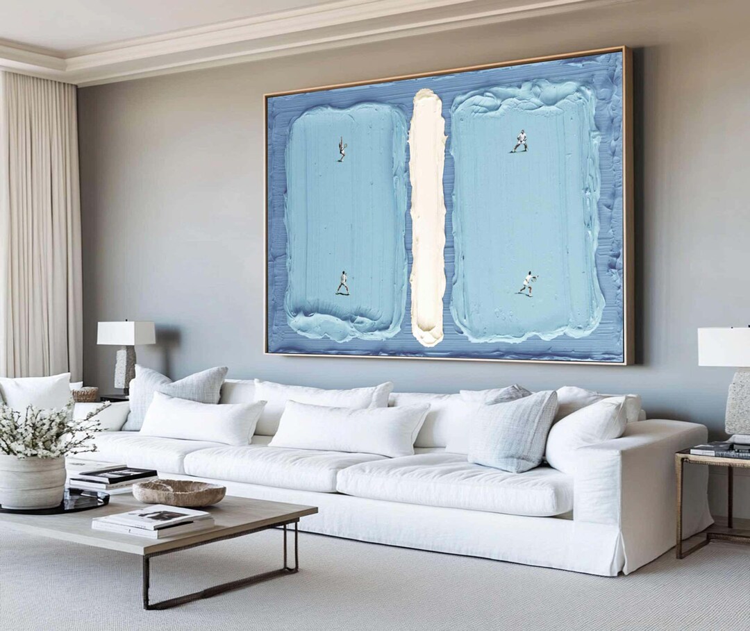 Large Blue Textured Wall Art, Four Person Tennis Art, Tennis Match Art, Tennis Sport Abstract ...