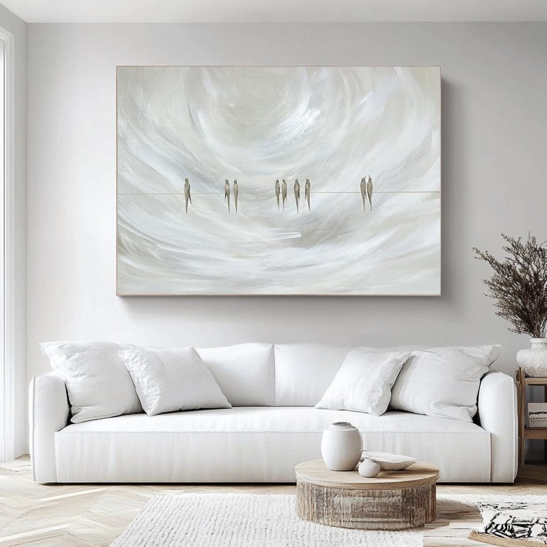 Oversized Beige Abstract Art, Bird Art Horizontal Painting, Beige Swirl ...