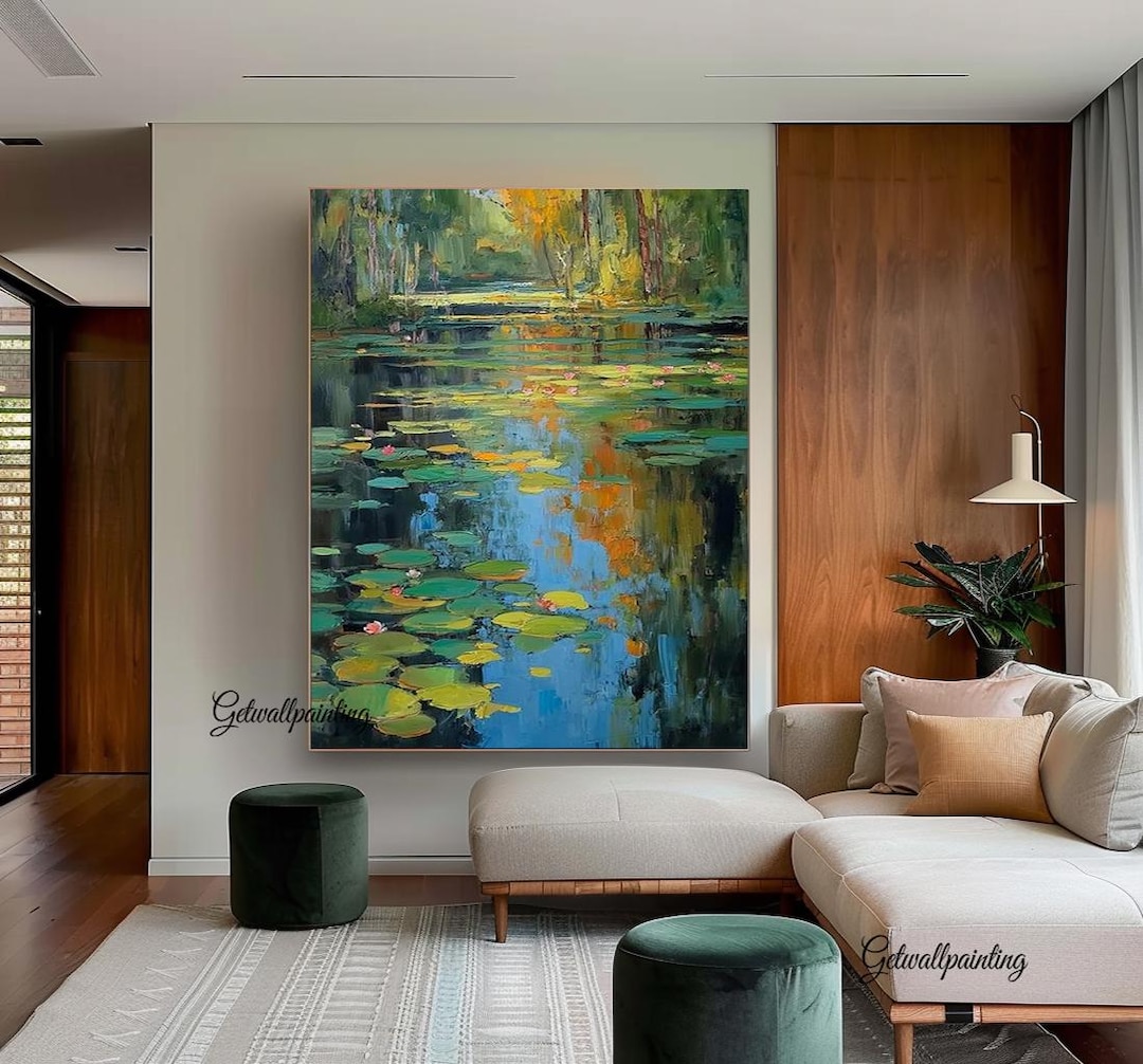 Lotus Pond Abstract Art, Lotus Pond Canvas Art, Lotus Pond Vintage Oil ...