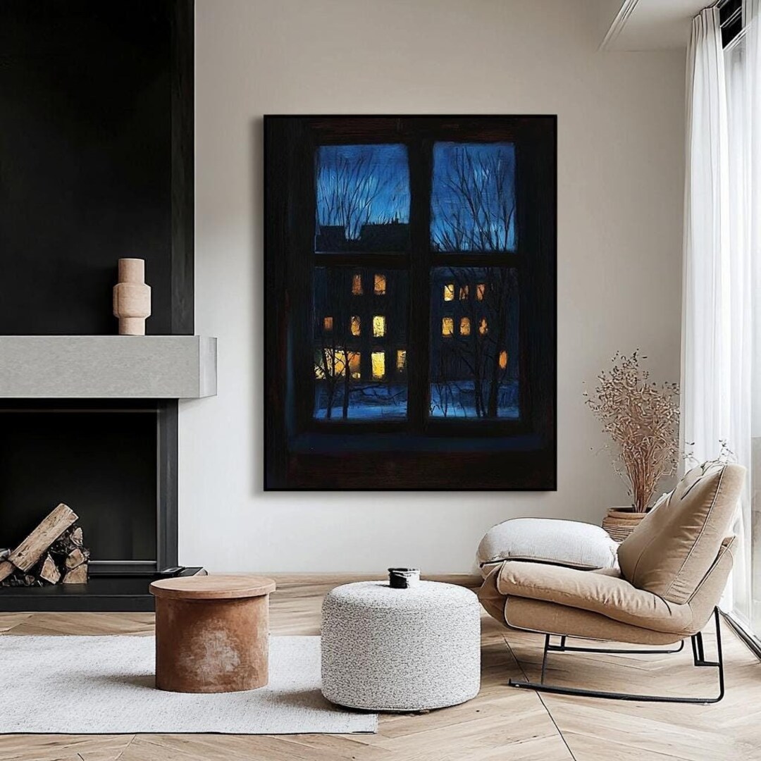 Night Scene Painting Wall Art, Scenery Painting Outside the Window ...