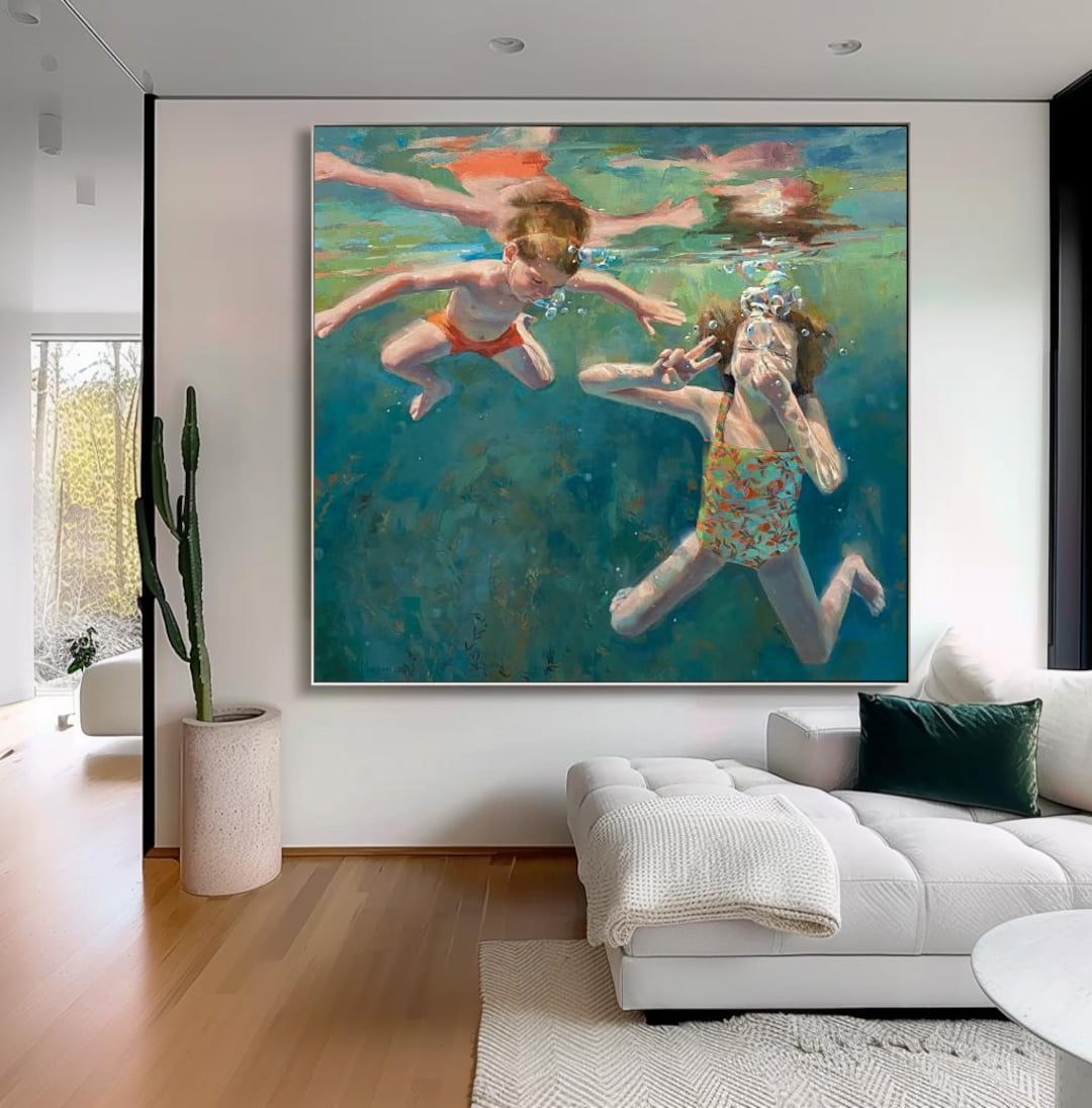 Two Kids Swimming Art,kids Art Wall Decor,kids Room Decor,boy and Girl ...