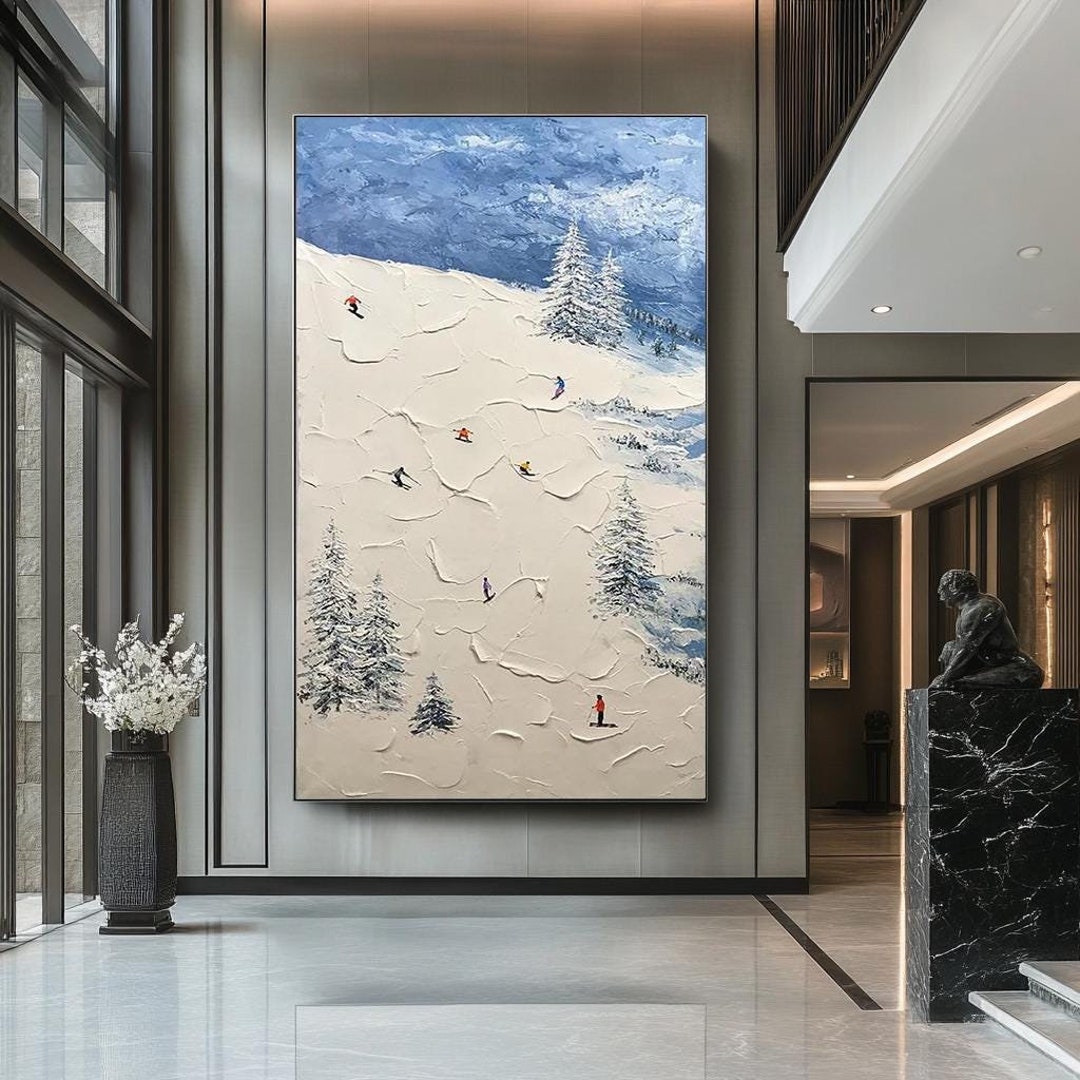 Large Multi-person Skiing Abstract Painting, Ski Resort Acrylic ...