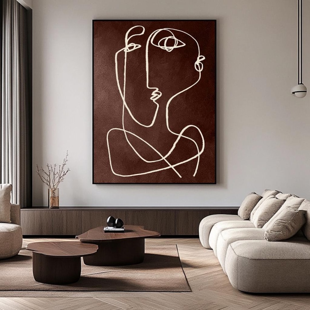 Brown Abstract Line Art Painting, Textured Human Face, Modern Wabi-sabi ...