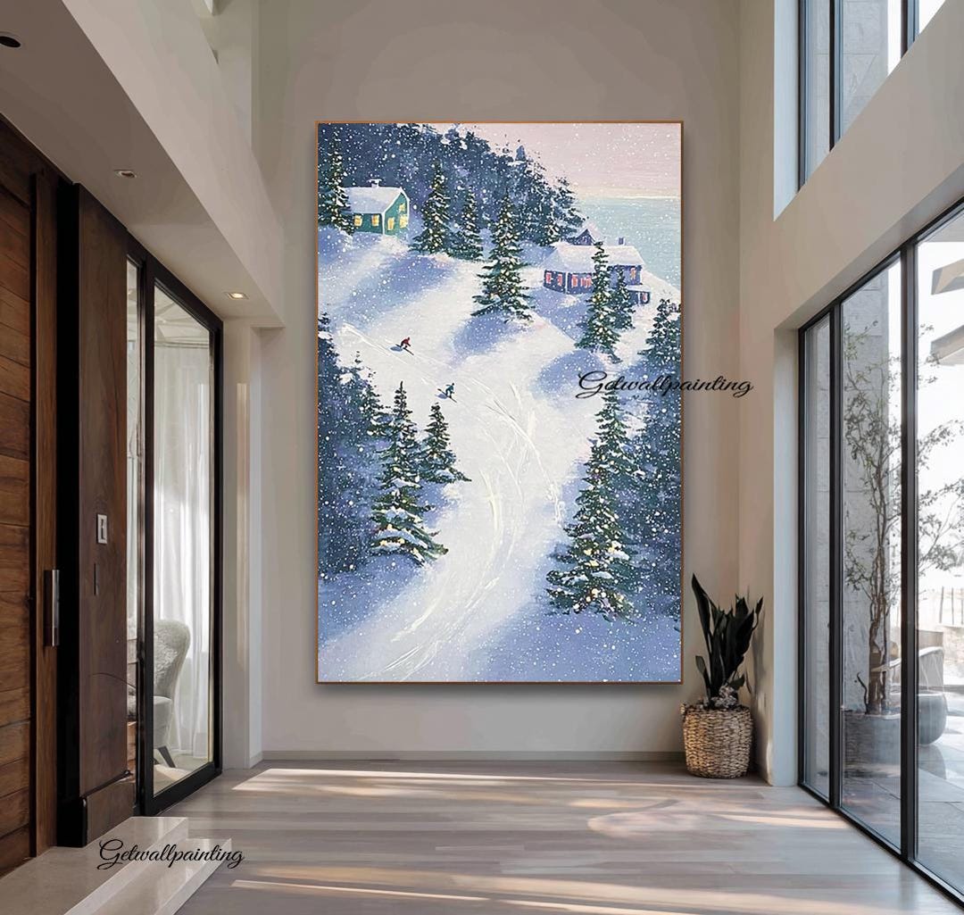 3D Skiing Mural, Winter Wall Decor, Snow Slope Acrylic Art, Log Cabin ...