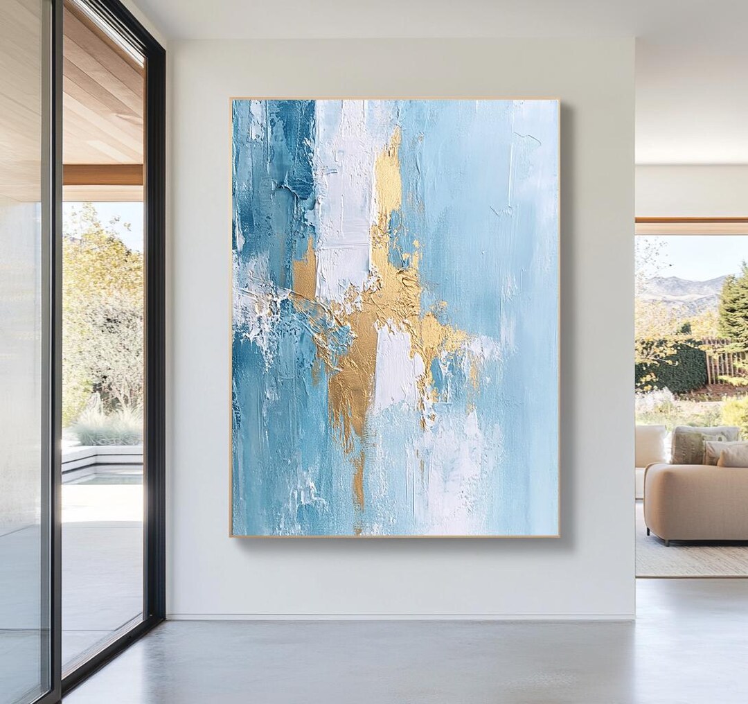 Large Light Blue Minimalist Art, Blue Gold Abstract Art,3d Textured Art ...