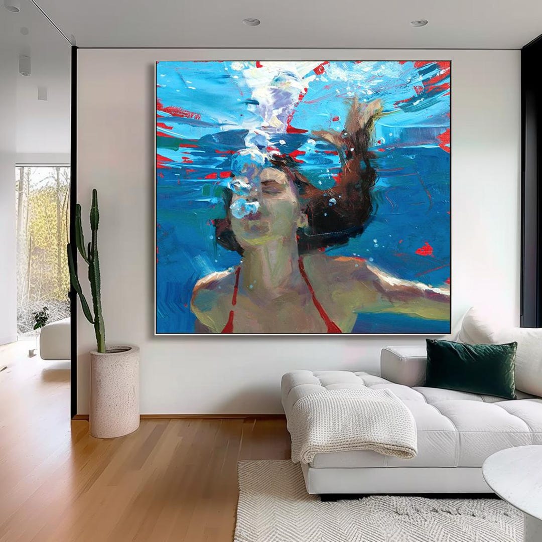 Diving Girl Painting,figure Swimming Art,girl Swimming Wall Art ...