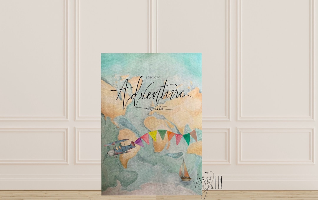 Adventure Awaits Map Art Print, Kids Wall Art Map, Watercolour Art ...
