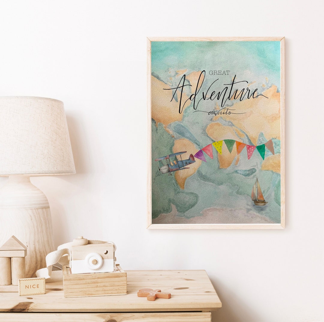 Adventure Awaits Map Art Print, Kids Wall Art Map, Watercolour Art ...