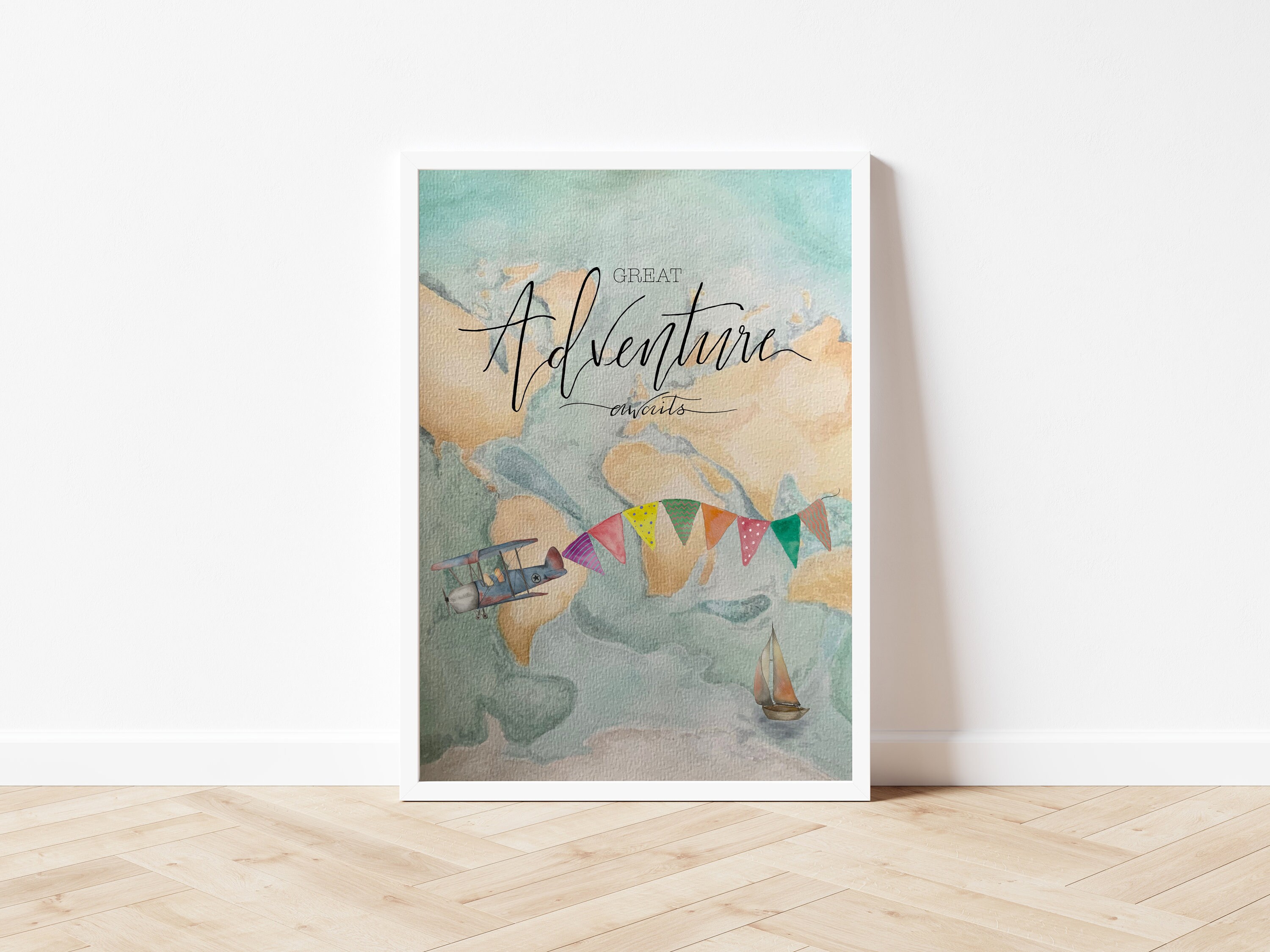 Adventure Awaits Map Art Print, Kids Wall Art Map, Watercolour Art ...
