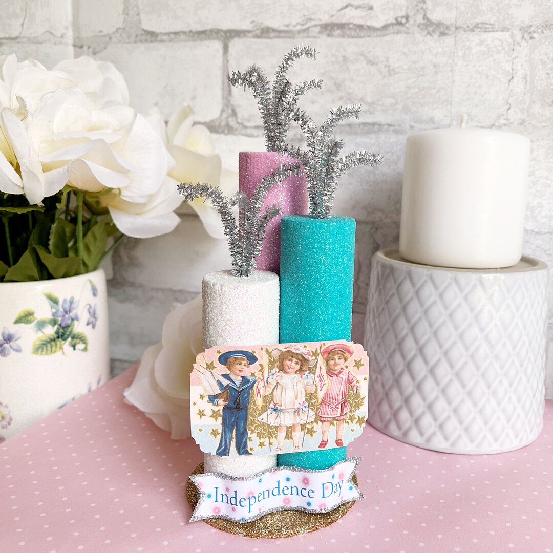 Retro Vintage Style July 4th Firecracker Kitsch MCM Pink White Aqua ...