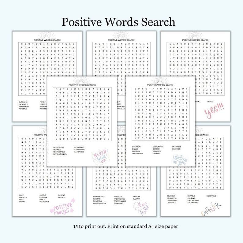 Positive Words Word Search: 15 Printable Pages (PDF Pattern) - Etsy