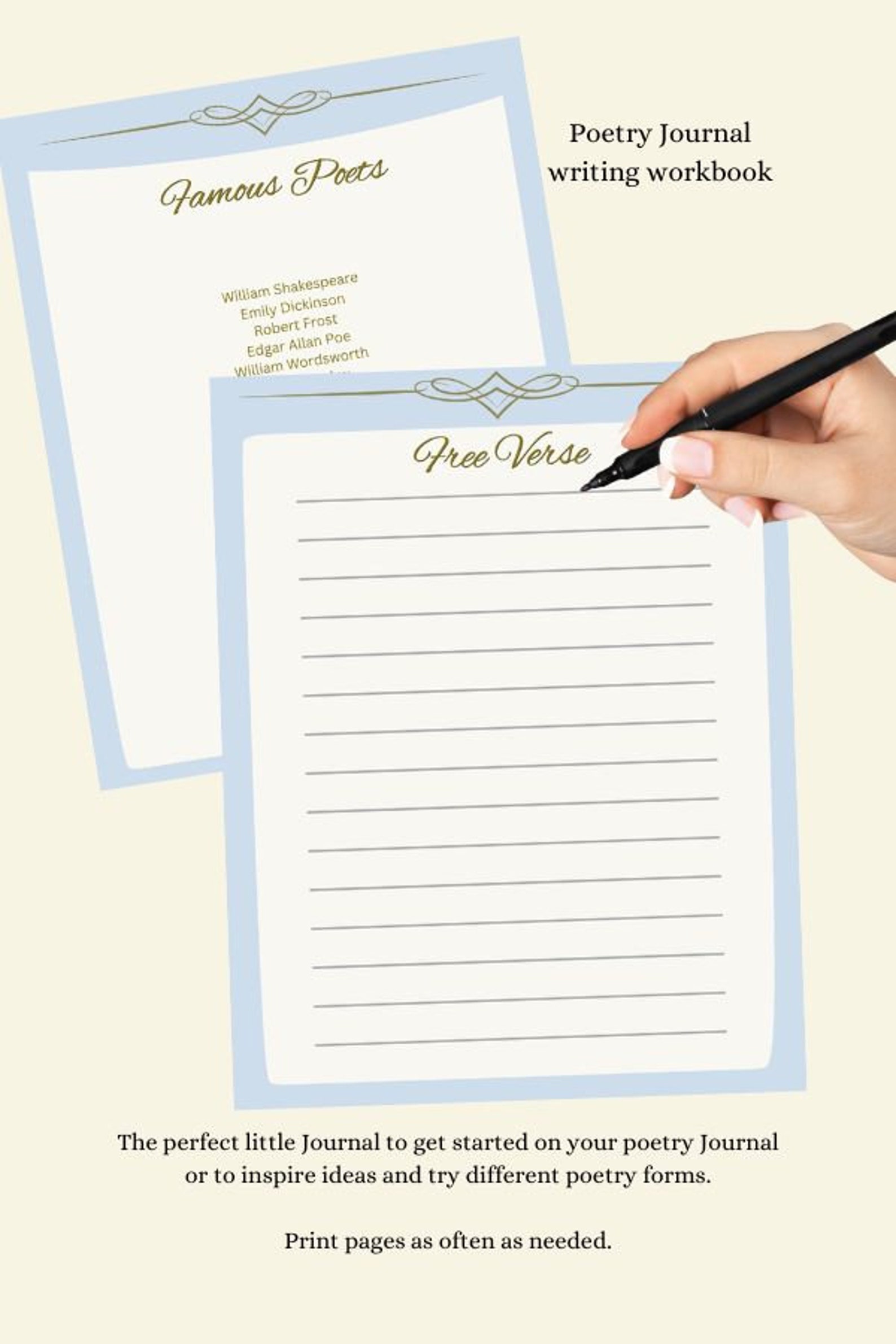 Poetry Writing Journal Workbook, Poetry Journal, 24 Pages, Blue and ...