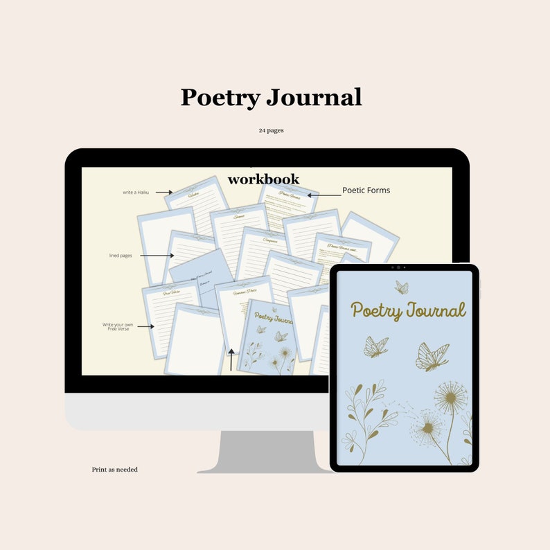 Poetry Writing Journal Workbook, Poetry Journal, 24 Pages, Blue and ...