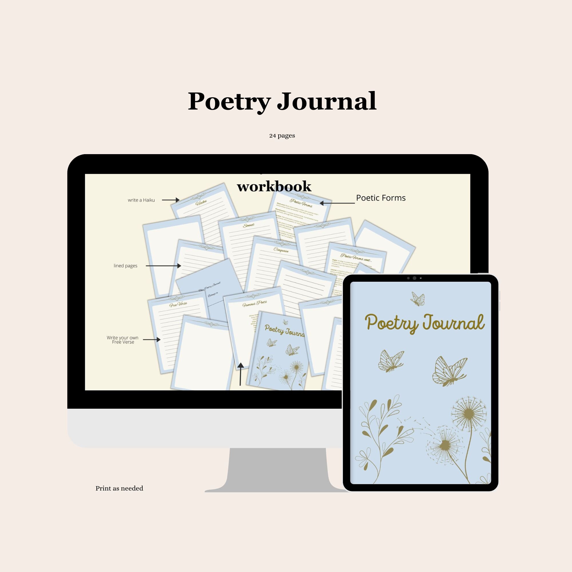 Poetry Writing Journal Workbook, Poetry Journal, 24 Pages, Blue and ...