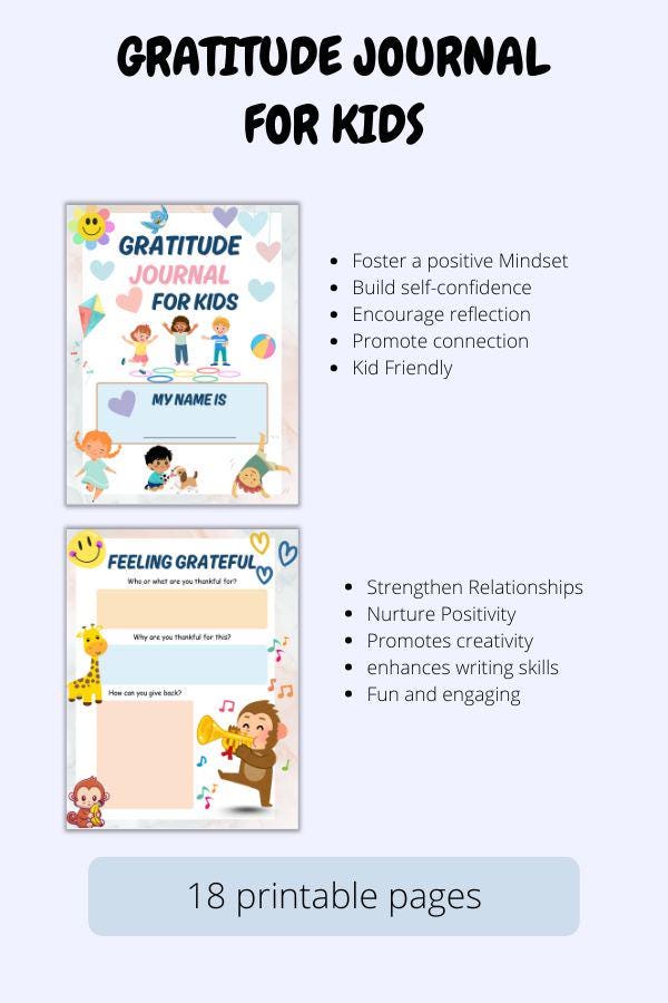 Kids Gratitude Journal: Printable Daily Positive Mindset Diary (PDF ...