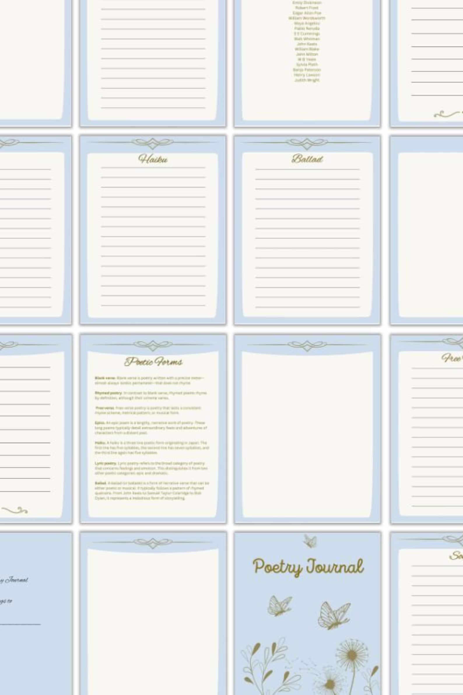 Poetry Writing Journal Workbook, Poetry Journal, 24 Pages, Blue and ...