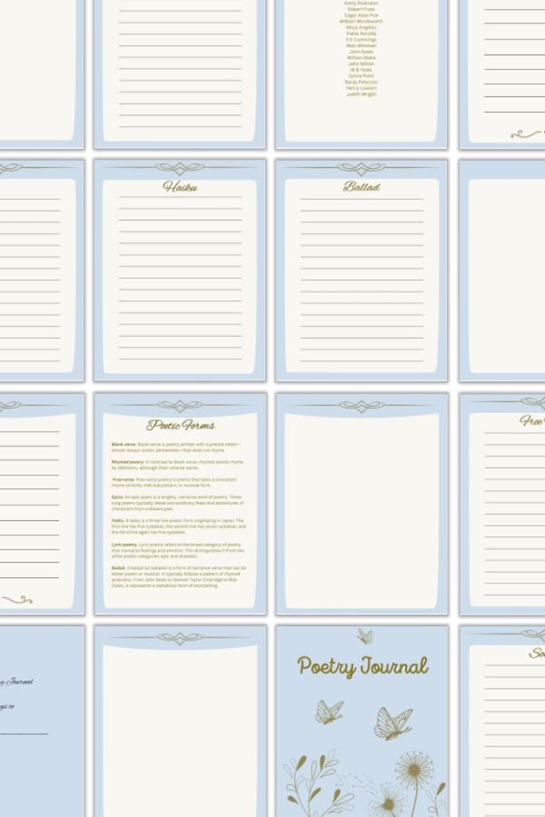 Poetry Writing Journal Workbook, Poetry Journal, 24 Pages, Blue and ...