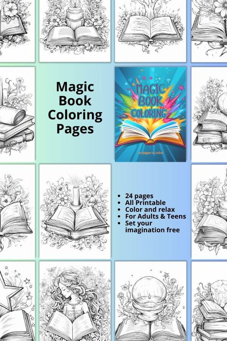 Magic Book Coloring Pages, Magical Coloring for Adults & Teens, 24 ...