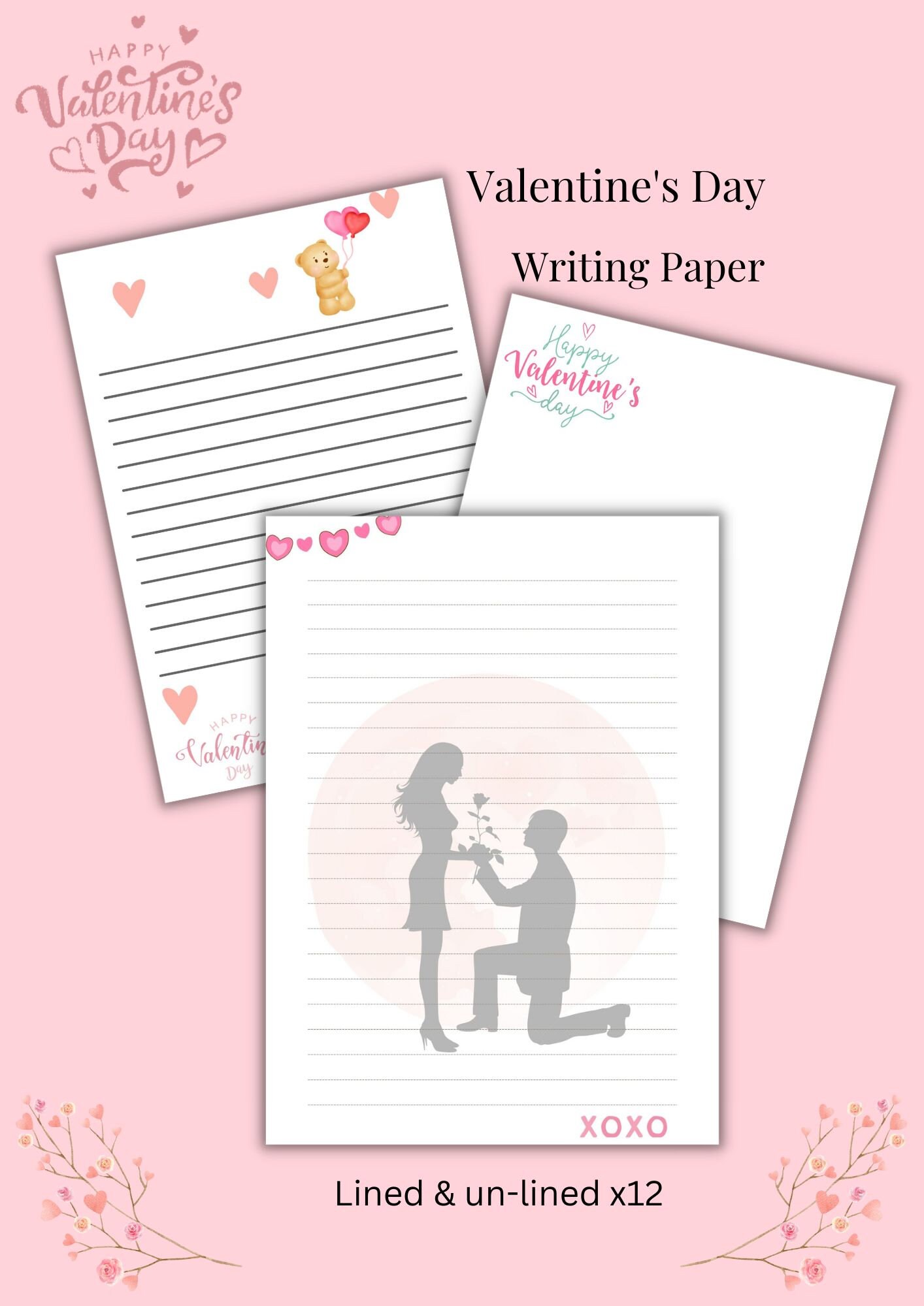 Love Writing Paper, Love Notes Paper, Valentine's Day Stationary, Pink ...