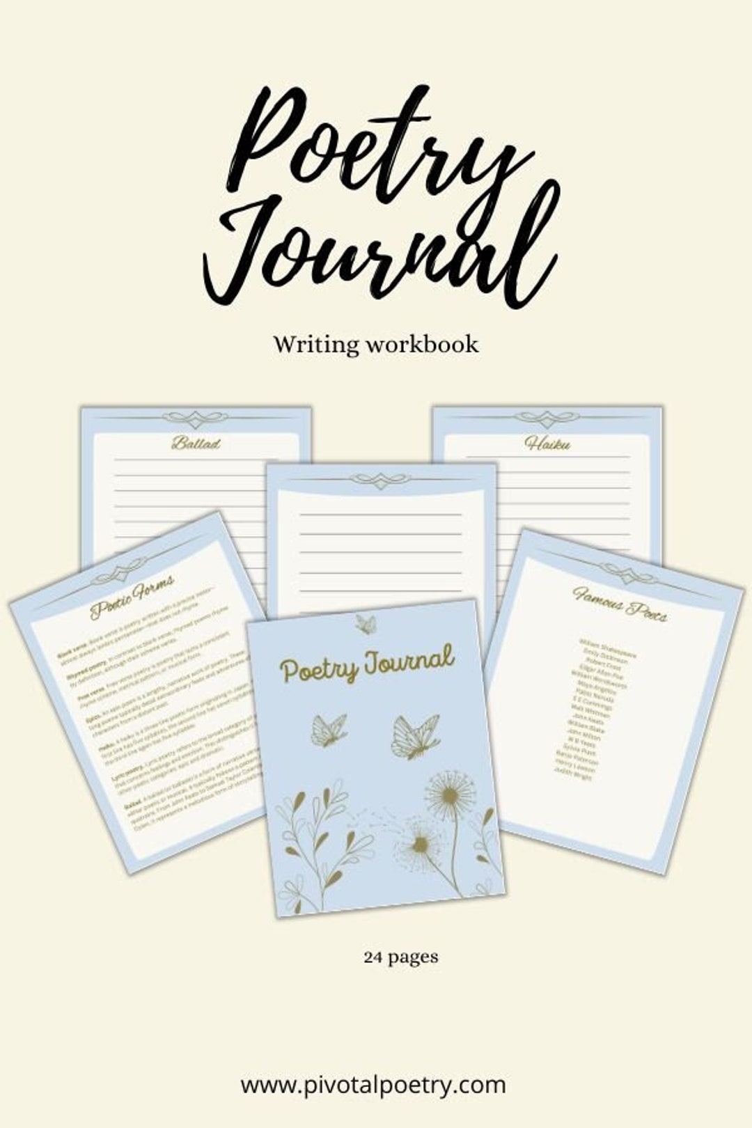 Poetry Writing Journal Workbook, Poetry Journal, 24 Pages, Blue and ...