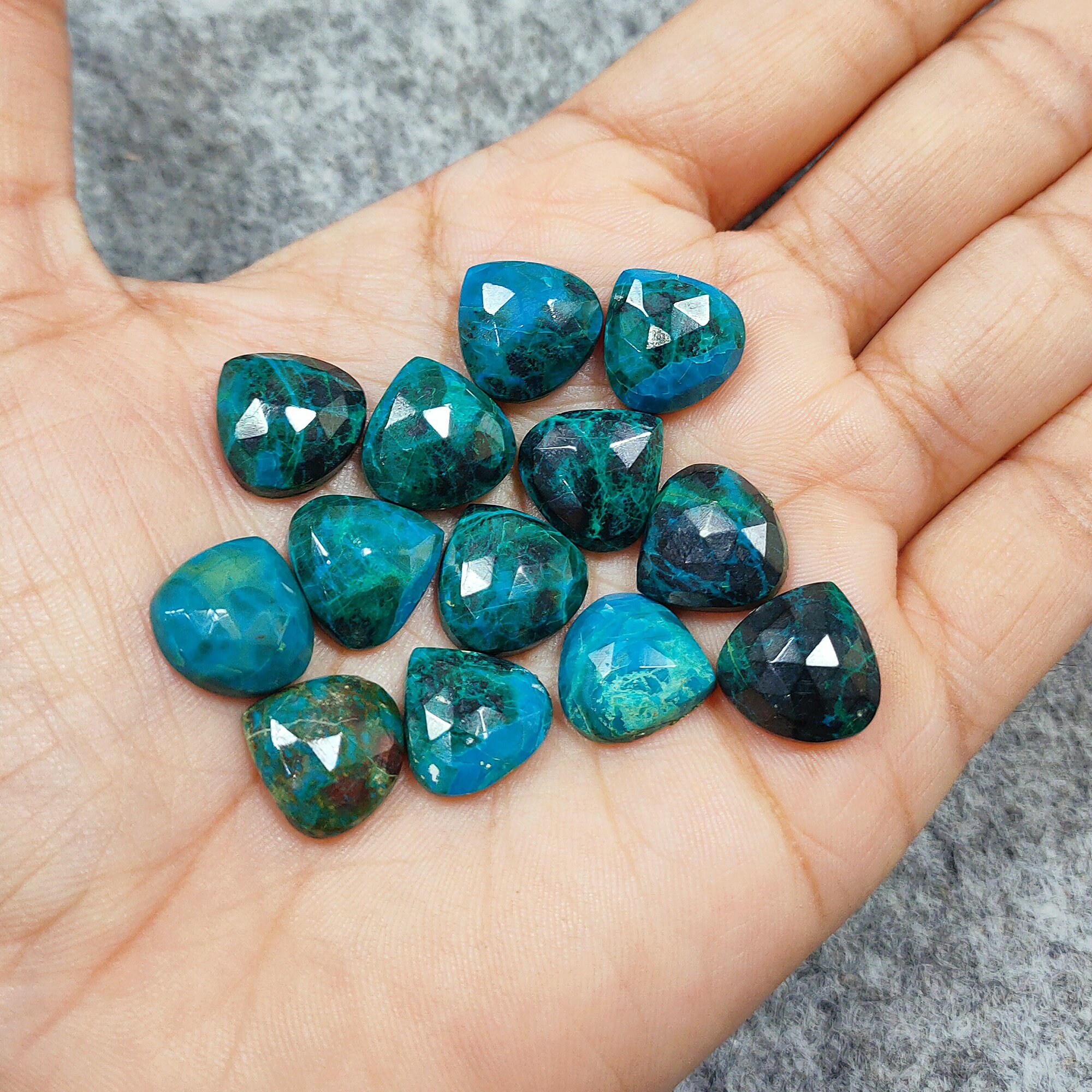 13 Pcs Faceted Chrysocolla Azurite Cabochons, Puff Heart Gemstone Lot ...
