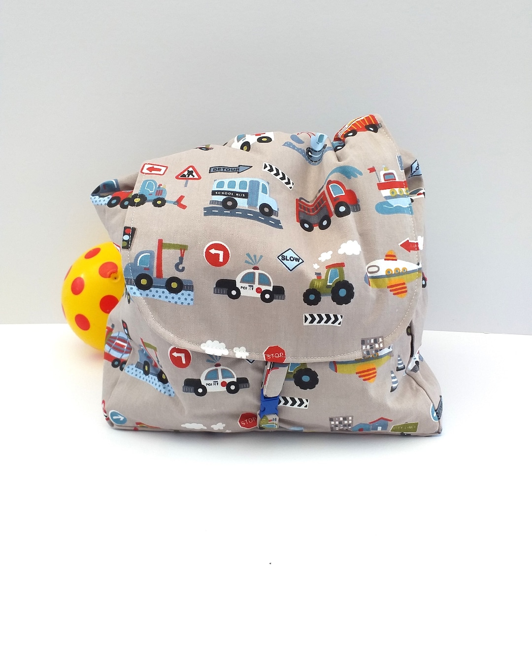 Handmade Kids Backpack. Vibrant Vehicles Print Fabric Rucksack. Kiddies ...
