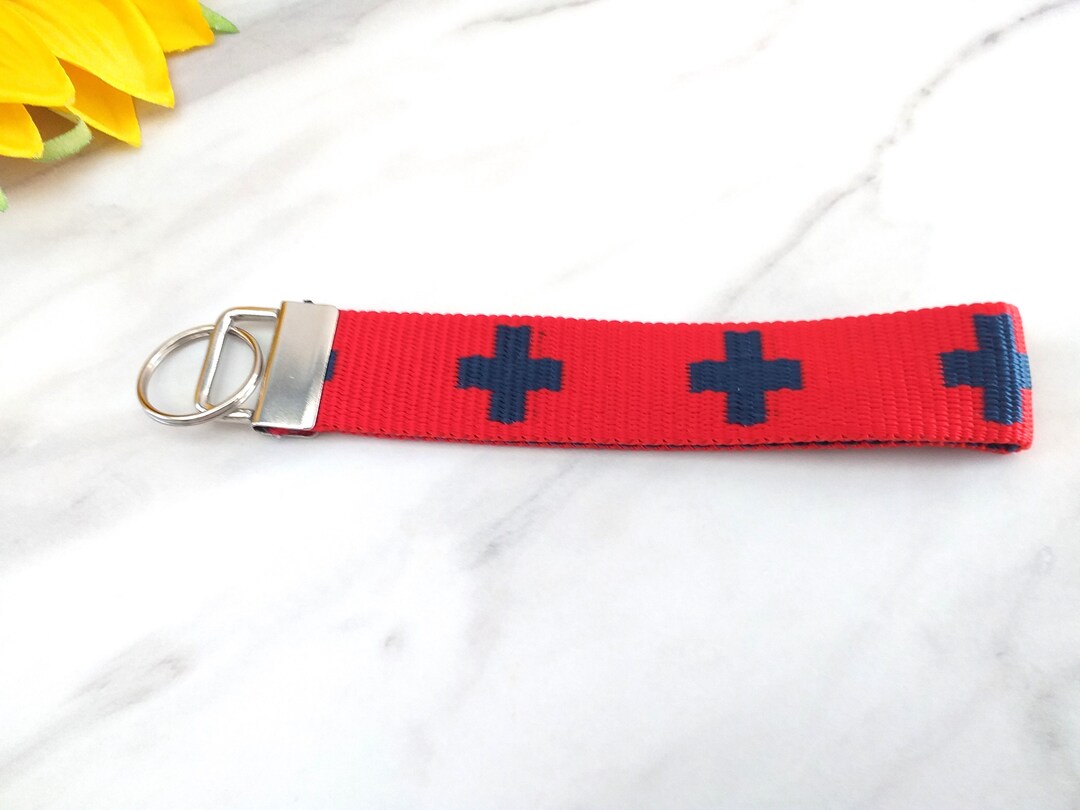 Handcrafted Webbing Key Fob. Bold Red With Blue Cross Design Key Holder ...