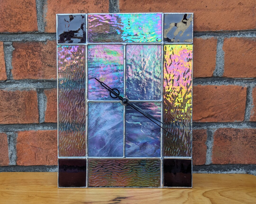 Rectangular Stained Glass Clock in Icy Iridescent Lilacs With Wavy ...