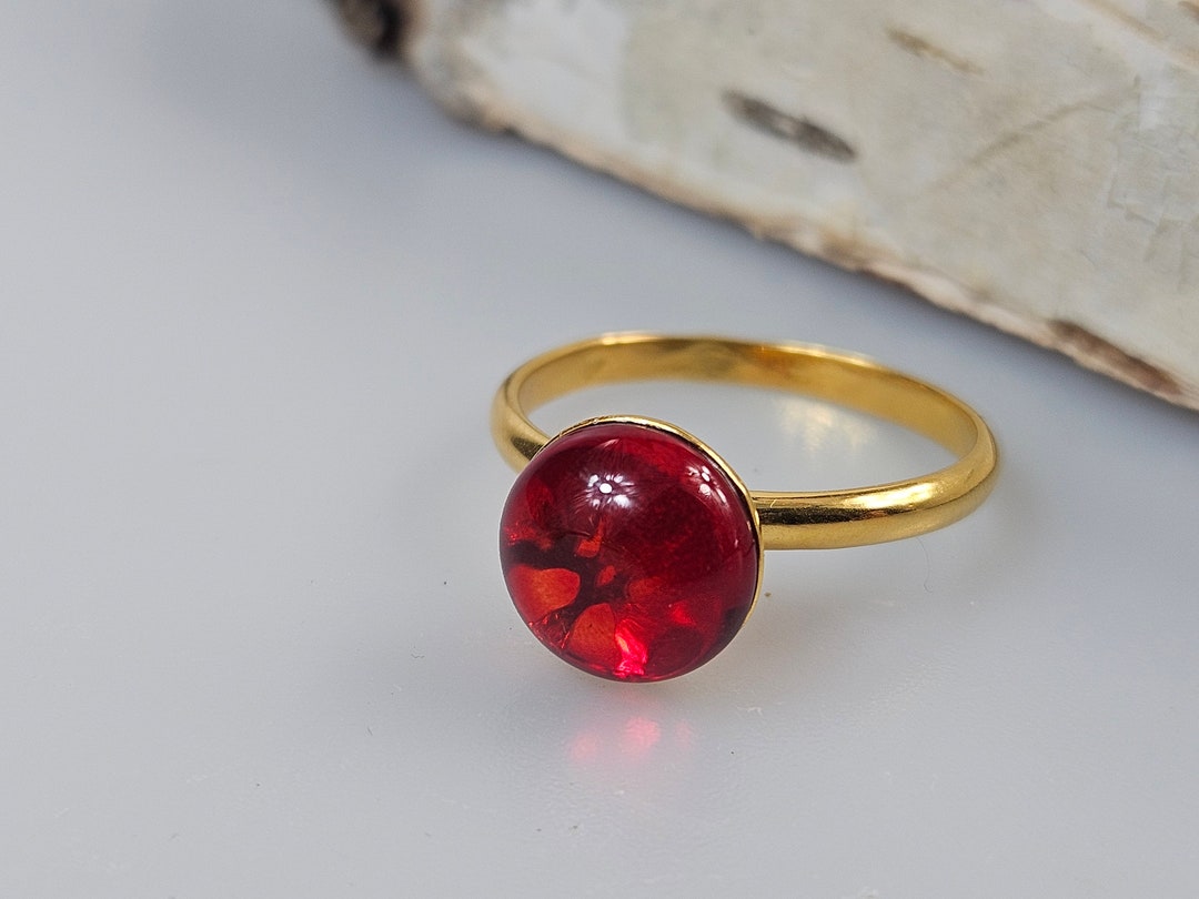 Small Round Red Baltic Amber Ring, Gold Plated Sterling Silver - Etsy