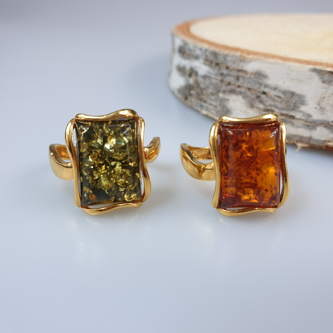 Square Green Baltic Amber Ring, Gold Plated Sterling Silver 925 ...