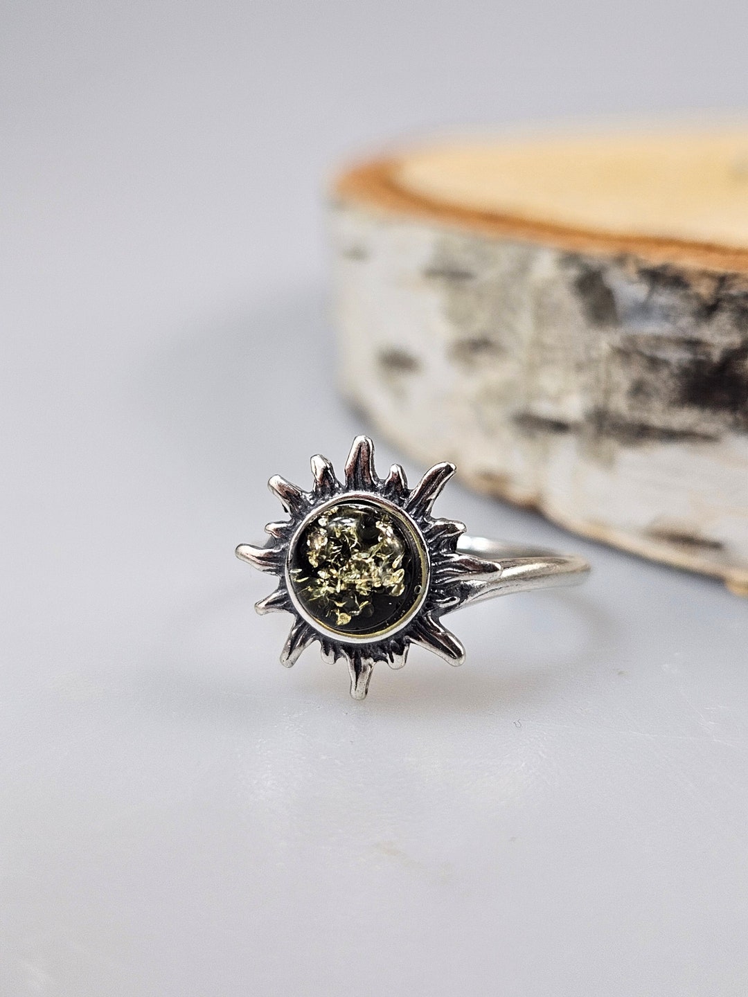 Green Amber Ring, Flaming Sun Shape Rings, Sterling Silver 925 Sun Earrings, Gemstone Dangle ...
