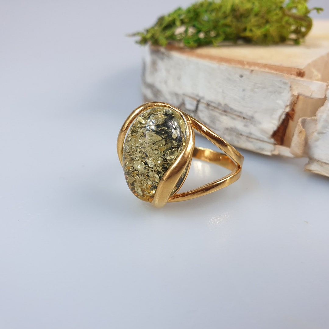 Green Amber Ring, Adjustable Gold Ring, Handmade Gemstone Ring ...