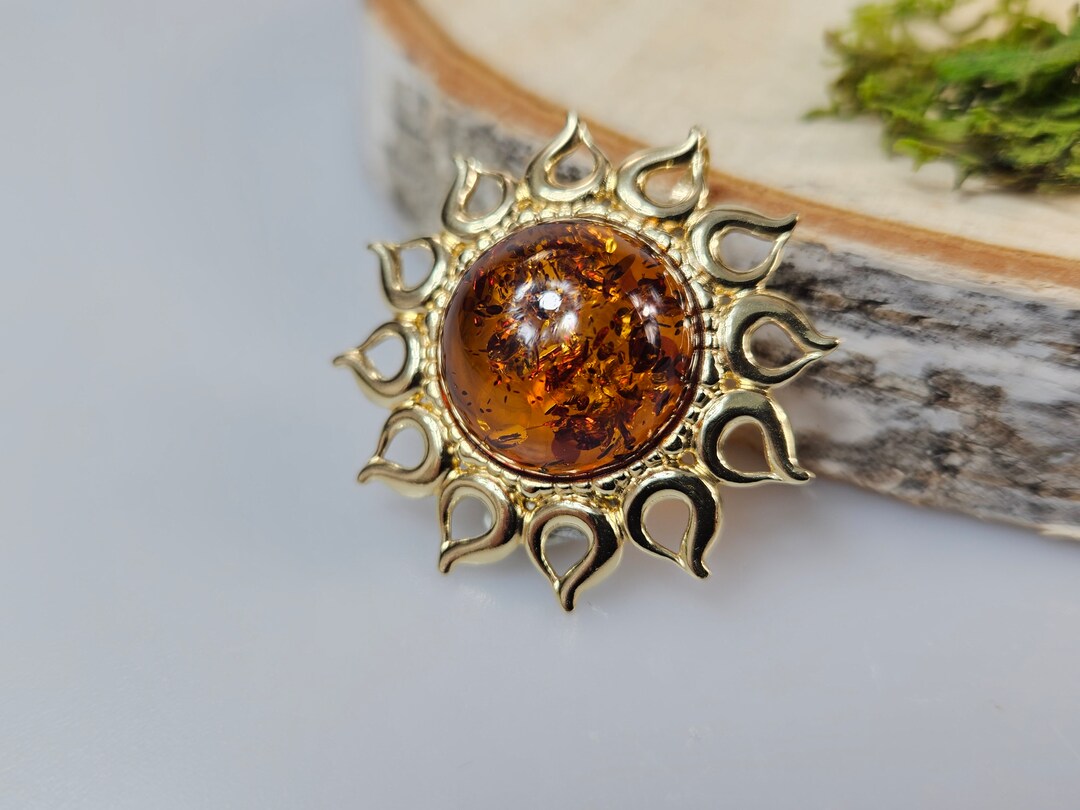 Flaming Sun Pendant, Brown Amber Pendant, Gold Gemstone Cabochon, Sun ...